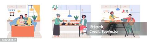 채식 음식을 요리하는 사람들 벡터 일러스트 레이 션입니다 신선한 야채로 신선한 샐러드와 기타 건강한 식사를 요리하는 캐릭터