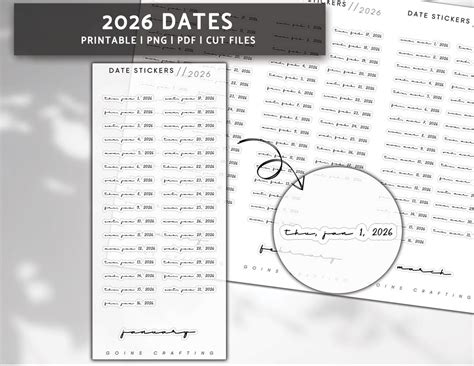 2026 Dates Cursive Font Minimal Planner Stickers Journal Stickers Digital Stickers Bullet