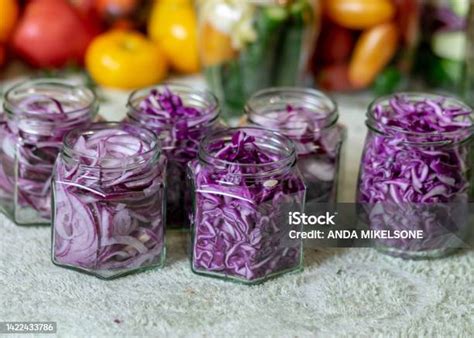 얇게 썬 붉은 양배추와 양파가있는 유리 항아리 가정 통조림을 위해 준비된 야채 가을 수확 시간 가을에 대한 스톡 사진 및 기타 이미지 Istock