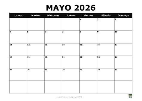 Plantilla Calendario 【mayo 2026】 Para Imprimir Pdf