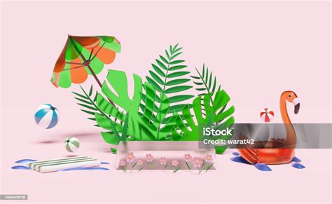 큐브 무대 연단은 주황색 풍선 플라밍고 고무 뗏목 비치 볼 야자 몬스 테라 잎 꽃 분홍색 배경에 고립 된 우산으로 비어 있습니다