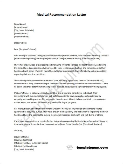 Medical Recommendation Letter Template Free Printable