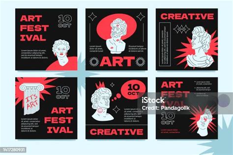 현대 인스 타 그램은 양식화 된 세련된 그리스 조각품이있는 템플릿을 게시합니다 광고 예술 축제 이벤트 엔터테인먼트를위한 디자인 개념에 대한 스톡 벡터 아트 및 기타 이미지