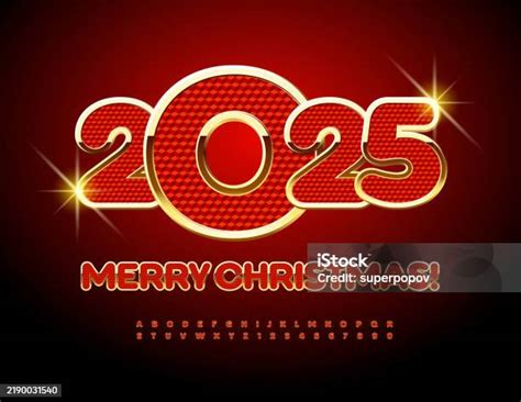 벡터 프리미엄 인사말 카드 메리 크리스마스 2025 빨간색과 금색 럭셔리 알파벳 문자와 숫자 세트 12월에 대한 스톡 벡터 아트 및 기타 이미지 Istock