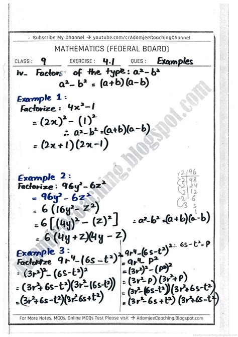 Adamjee Coaching Factorization Exercise 4 1 Mathematics 9th