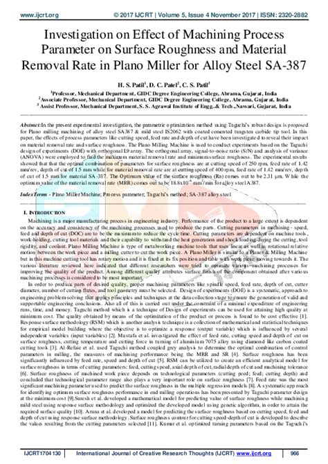 Pdf Investigation On Effect Of Machining Process Parameter On Surface Roughness And Material