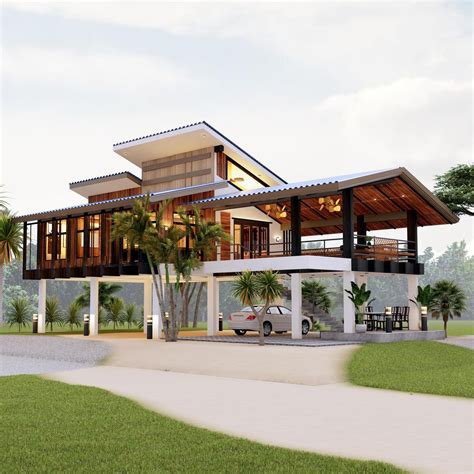 H00349 Blueprint Tropical House Plan Elevated House 3 Bedroom With 2
