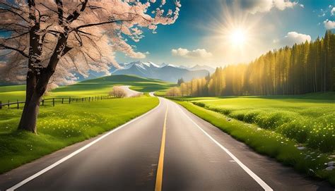 Sunny Day And Road Spring Landscape Premium Ai Generated Image
