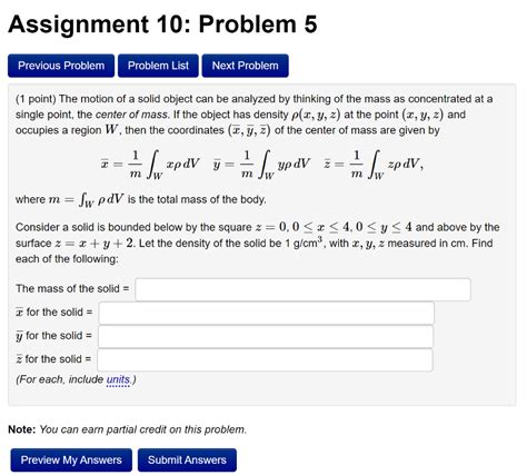 Solved Assignment 10 Problem 5 Previous Problem Problem