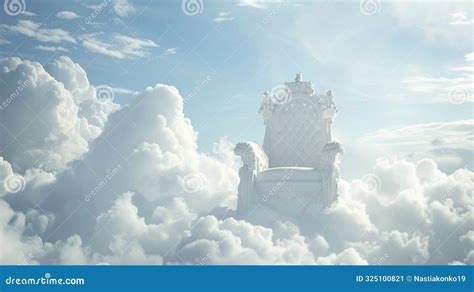 Elegant White Throne Amidst Fluffy Clouds Heavenly Scene Dreamlike