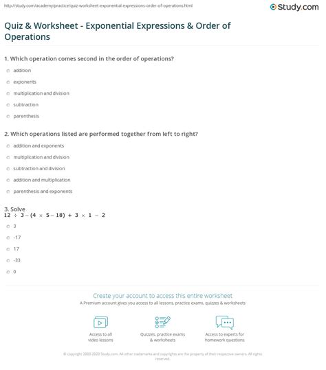 Quiz Worksheet Exponential Expressions Order Of Operations Study
