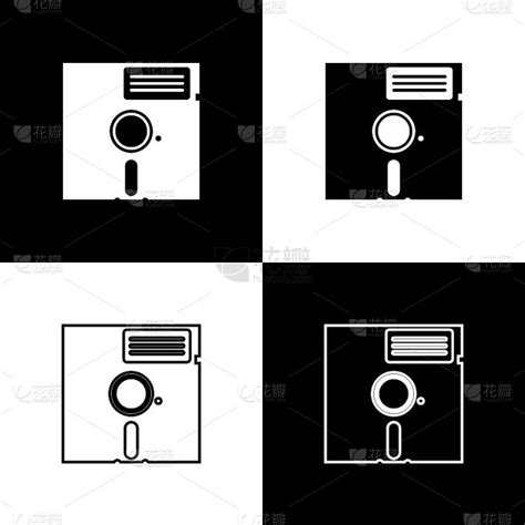 设置软盘在5 25英寸图标孤立的黑白背景。计算机数据存储用软盘。软盘的迹象。线条，轮廓和线性图标。矢