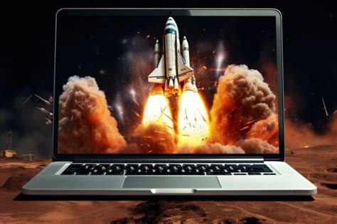 Premium Photo Boosting Performance Laptop Screen Launching Space Rocket Speed Up And Repair