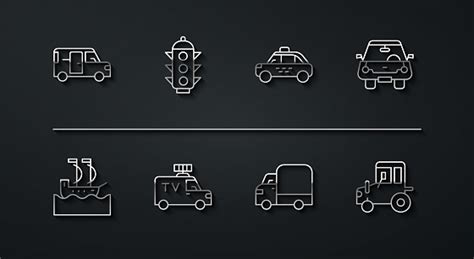 세트 라인 미니 버스 요트 자동차 배달화물 트럭 Tv 뉴스 신호등 트랙터및 택시 아이콘 벡터 0명에 대한 스톡 벡터 아트 및 기타 이미지 Istock