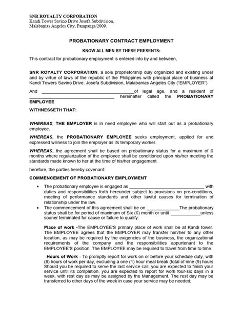 Probationary Contract Employment Pdf Employment Salary