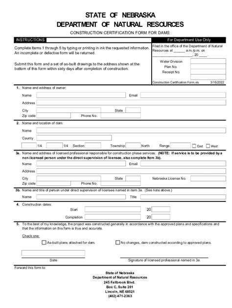 Fillable Online Construction Certification Form For Dams Fax Email