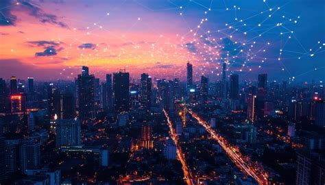Nighttime Skyline With Interconnected Network Of Lights Premium Ai