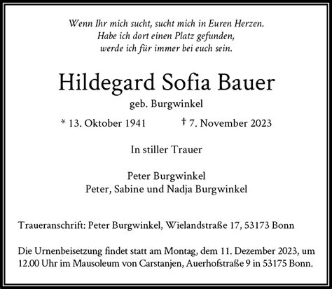 Traueranzeigen Von Hildegard Sofia Bauer Ga Trauerde