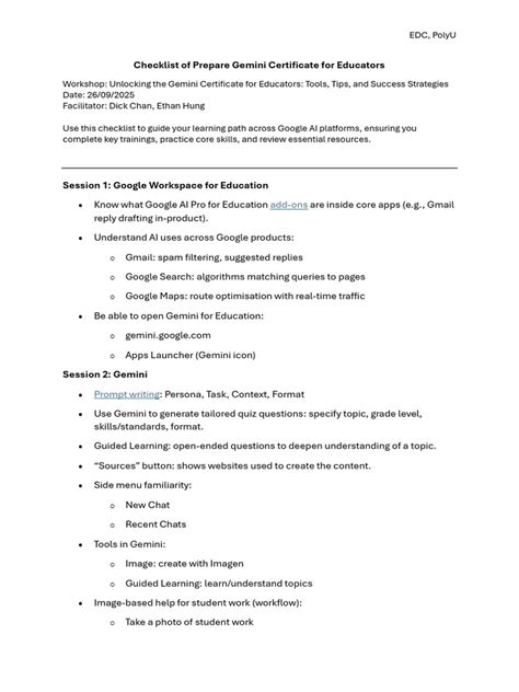 Checklist Of Prepare Gemini Certificate For Educators Pdf