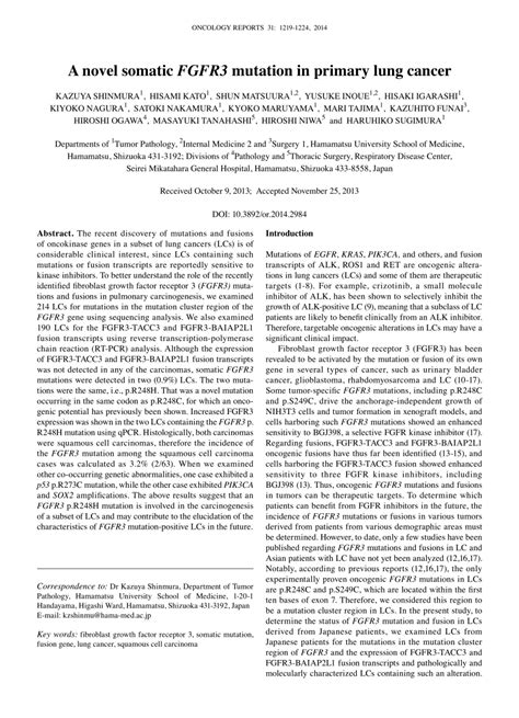 Pdf A Novel Somatic Fgfr3 Mutation In Primary Lung Cancer