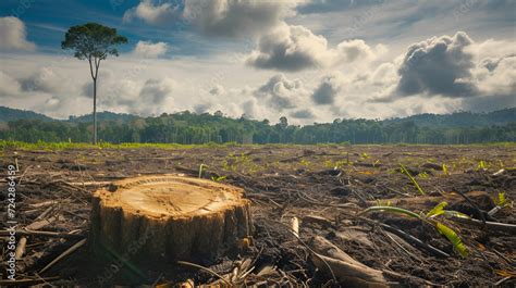 Deforestation Scene One Tree Remains Towering Over A Barren Field The