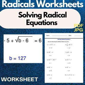 Solving Radical Equations Radicals Worksheets Solve The Radical Equations