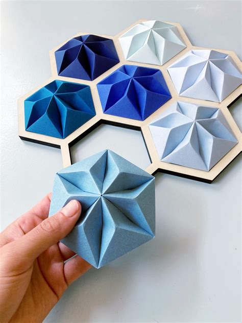 3d Origami Wall Art Geometric Hexagon Paper Sculpture Shades Of Blue