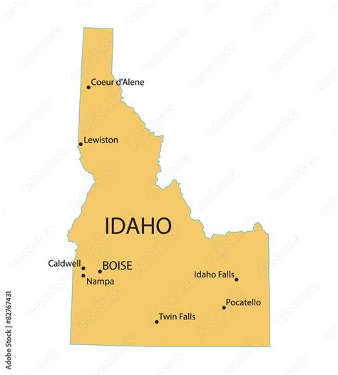 Yellow Map Of Idaho With Indication Of Largest Cities Stock Vector