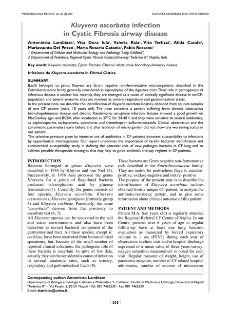 Pdf Kluyvera Ascorbata Infection In Cystic Fibrosis Airway Disease