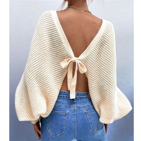 Rouge Sweaters Backless Knit Beige Pullover Sweater Batwing Sleeve