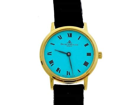 Baume And Mercier Ladies Gold Round Quartz Watch Custom Colored Turquoise