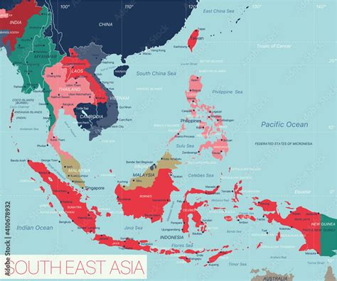 South East Asia Region Detailed Editable Map With Countries Cities And Towns Vector Eps 10 File