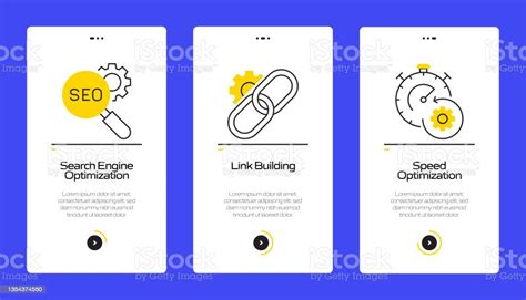 Seo 개념 온보딩 모바일 앱 페이지 화면 평면 아이콘 Ux Ui 디자인 템플릿 벡터 일러스트레이션 0명에 대한 스톡 벡터 아트