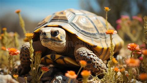 Cute Turtle Crawling In Grass A Small Slow Reptile Generated By Ai Stock Image Image Of