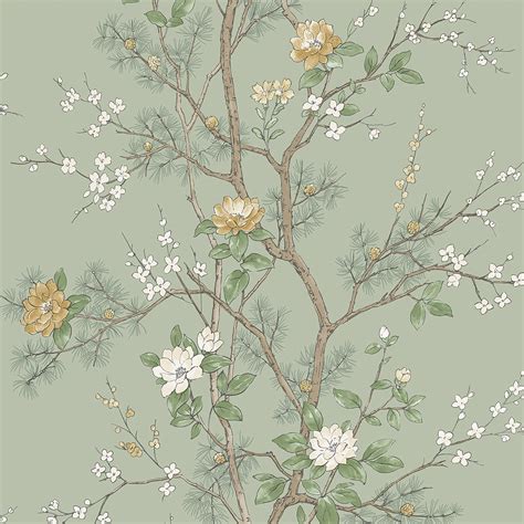 Bridget Floral Sage Green Oriental Feature Wallpaper Sample 752