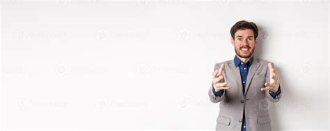 Distressed Businessman Stretch Out Hands To Strangle Annoying Person Standing Annoyed And