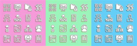 라인 서버 데이터 보고서 소셜 네트워크 분석가 엔지니어 폴더 및 잠금 컴퓨터 계층 구조 기관 차트 및 하드 디스크 드라이브 Hdd 아이콘을 설정합니다 벡터 건강관리와 의술에