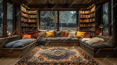 Warmtoned Library With Builtin Bookshelves And A Cozy Reading Nook