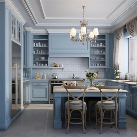 Premium Photo A Kitchen With A Blue Kitchen With A White Tile Floor