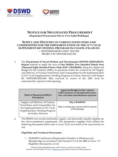 Fillable Online Negotiated Procurement Due To Two Failed Biddings Fax