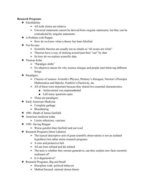 Research Programs Lecture Notes From Professor Dancy Research Programs Falsifiability All