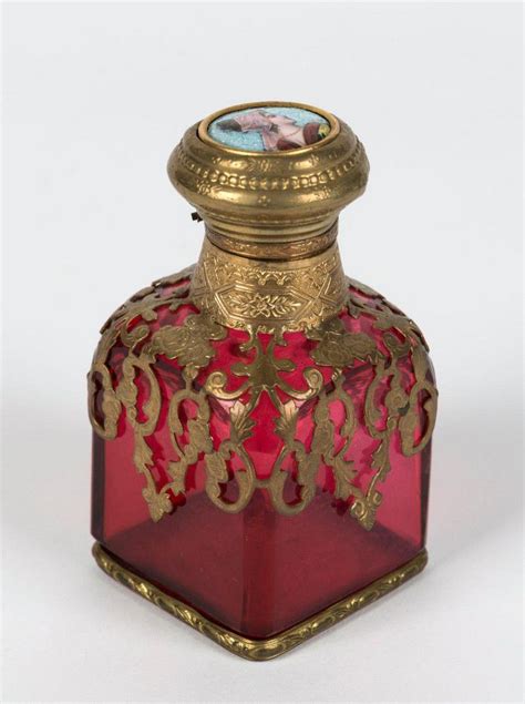 French Ruby Glass Scent Bottle With Enamel Portrait Top Scent Bottles Costume And Dressing