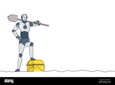 Single Continuous Line Drawing Robot Digging Ground With Shovel And Finding Treasure Chest