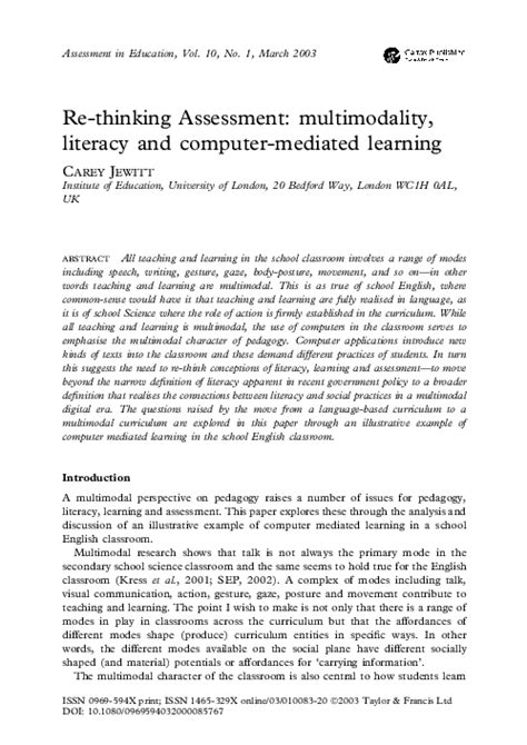 Pdf Re Thinking Assessment Multimodality Literacy And Computer Mediated Learning