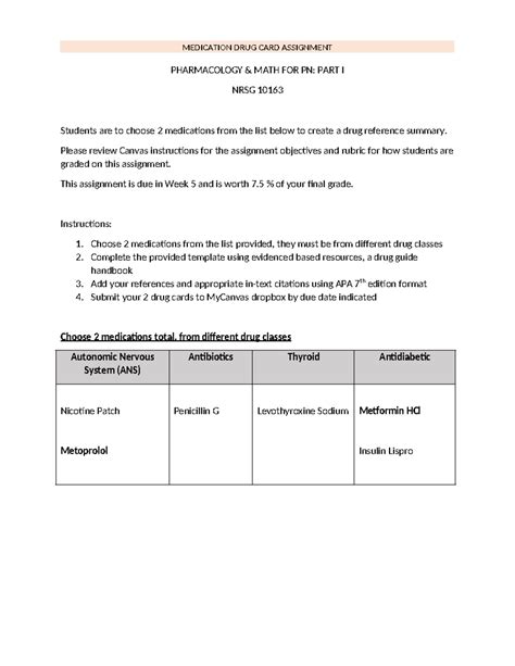 Medication Drug Card Assignment Outline And Template Assignment