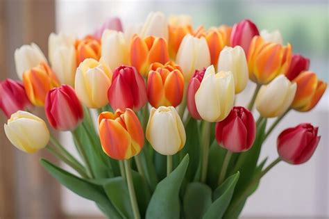 Premium Ai Image Photo Of Closeup Of Mixed Color Tulips In A Bouquet