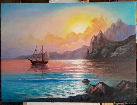 Картина Парусник, Морской пейзаж, Корабль, Морской закат, х/м, 40 х 30 ...