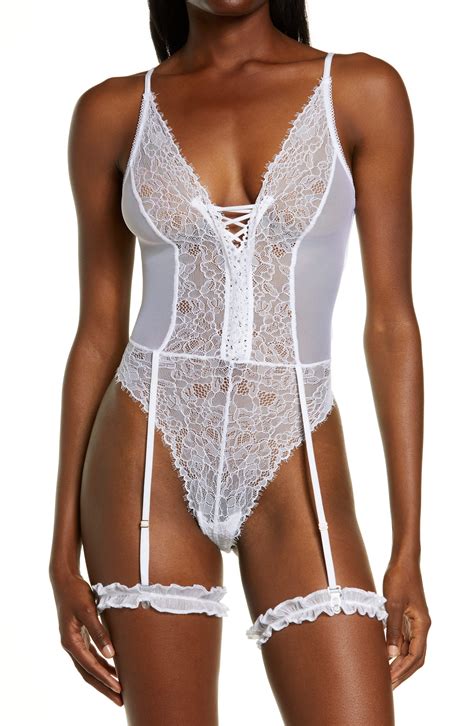 Mapale Strappy Lace Teddy With Garter Straps In Brown Lyst