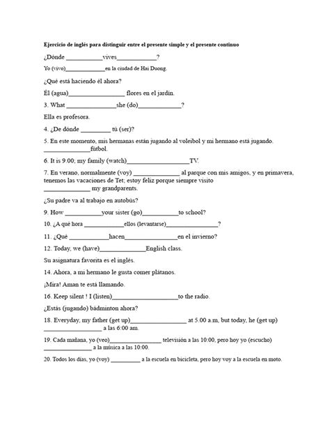 Ejercicio De Inglés Para Distinguir Entre El Presente Simple Y El