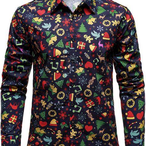 Mens Christmas Themed Festive Prints Navy Blue Long Sleeve Shirt